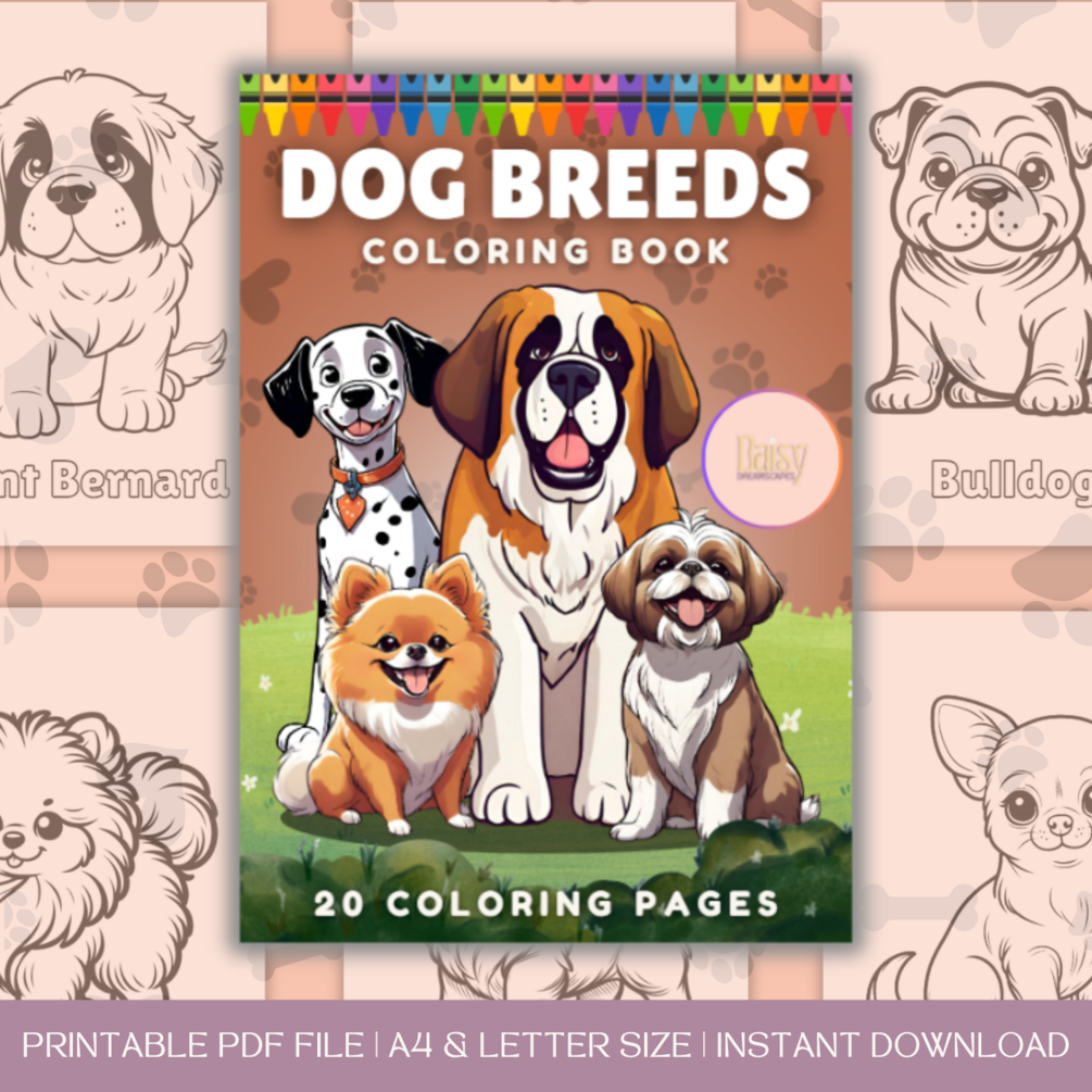 20 Pages Dog Breeds Coloring Book for Kids, Printable PDF, A4 & Letter ...