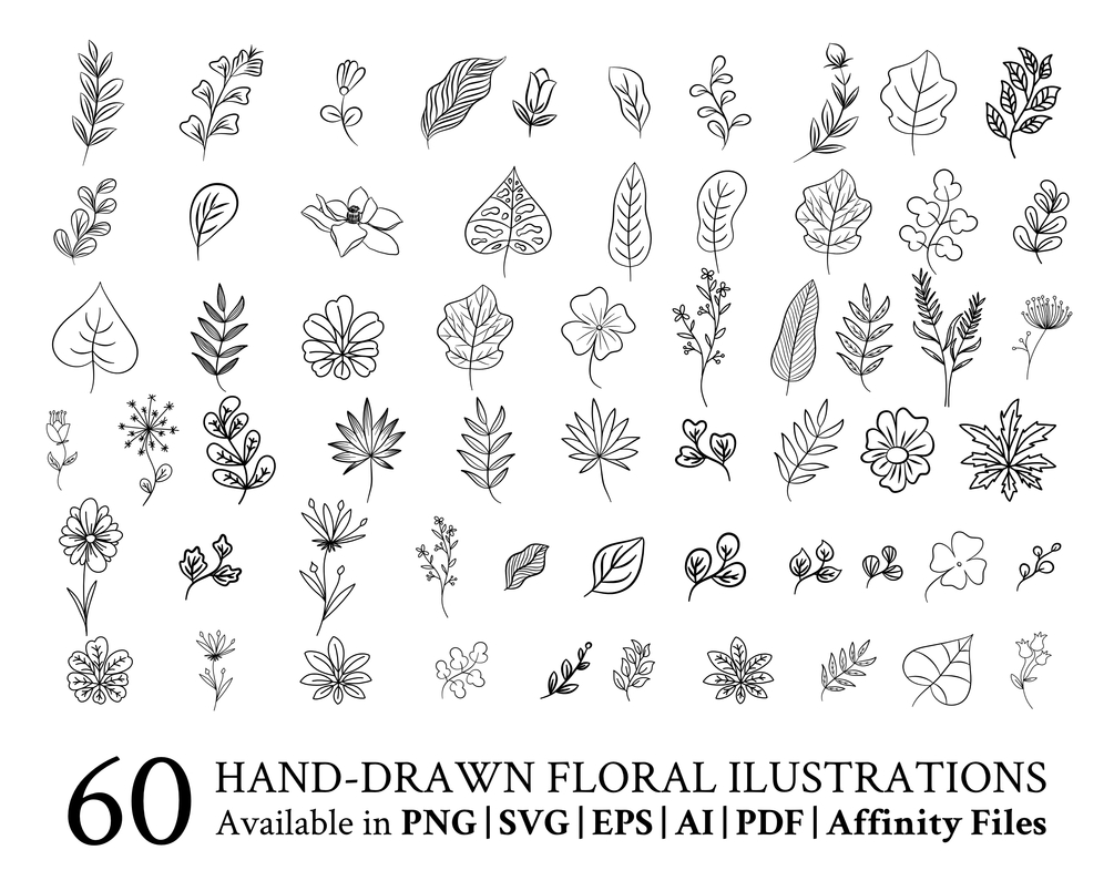 60 Hand Drawn Floral Illustrations Pack