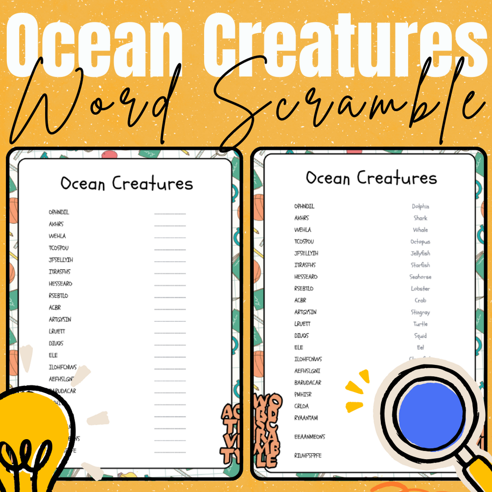 Ocean Creatures Instant Word Scramble Puzzle - Printable Worksheet