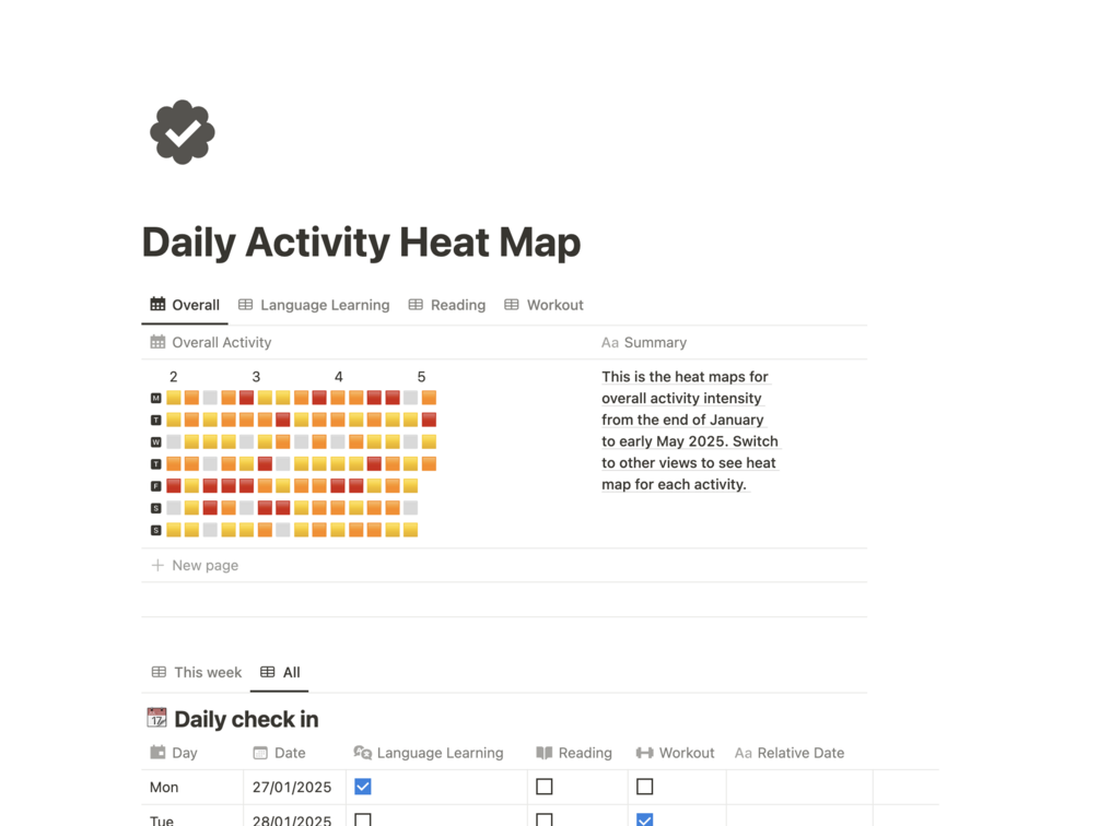 Notion daily activity heat map template