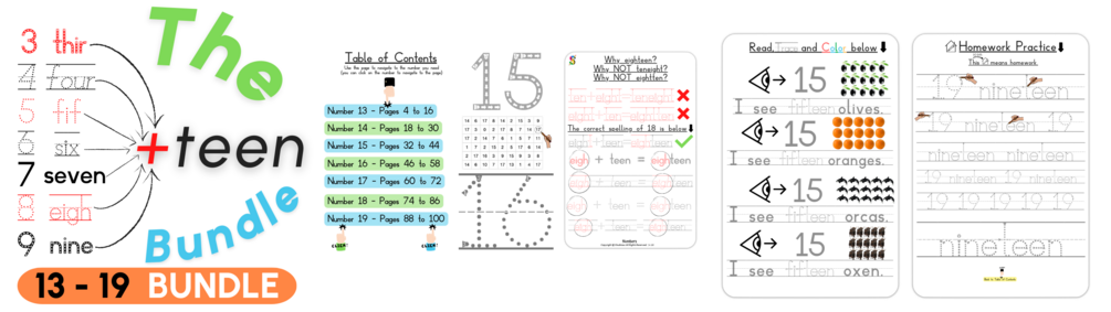 The "teen" Bundle | Numbers 13 - 19 | Tracing, Writing & Spelling