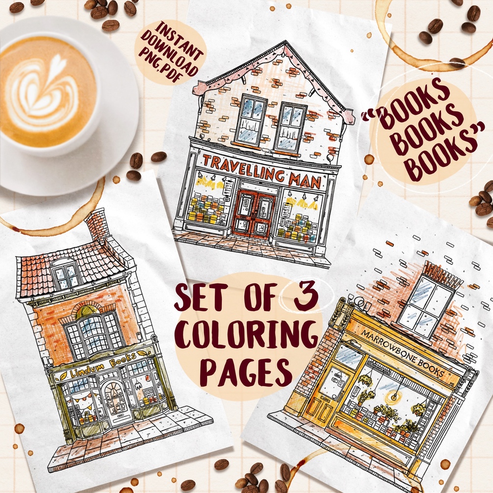 “Books,books,books” set of 3 bookshop colouring pages