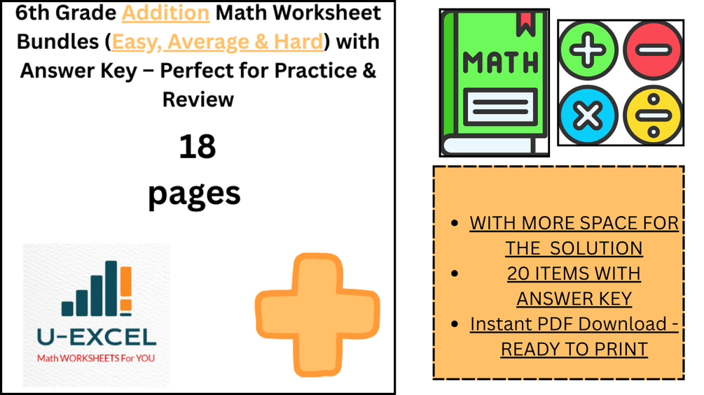 6th Grade Addition Math Worksheets with Answer Key (Easy Average & Hard ...