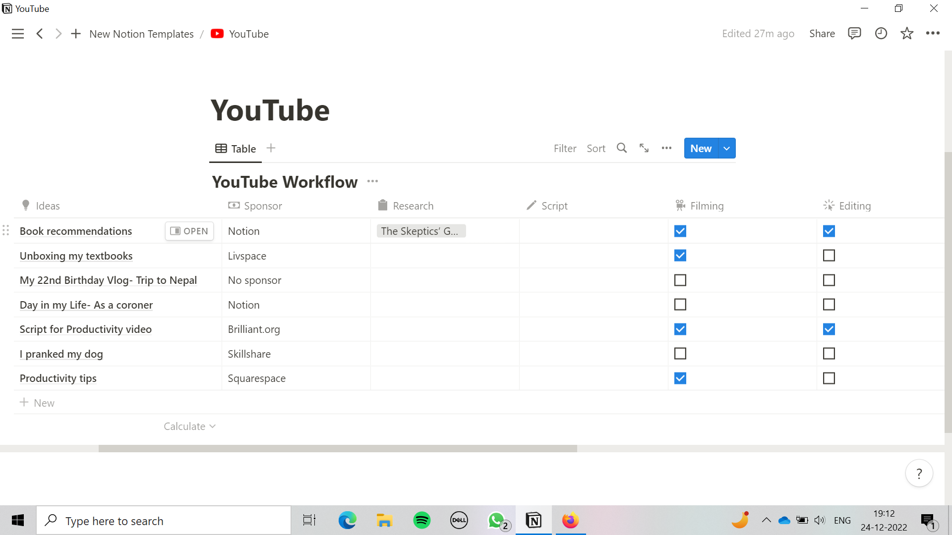 Notion Template- Youtube Workflow