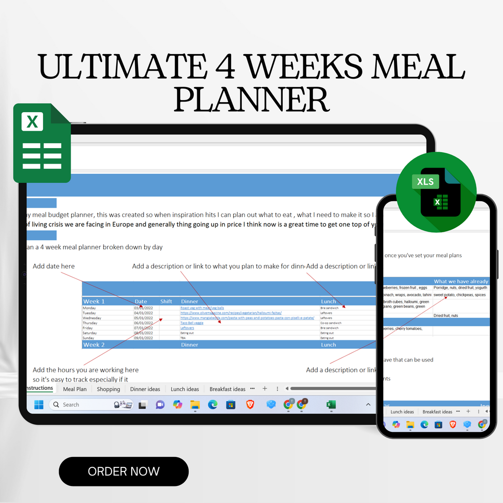 MEAL PLANNER SPREADSHEET– Editable Google Sheets & Excel for Business ...