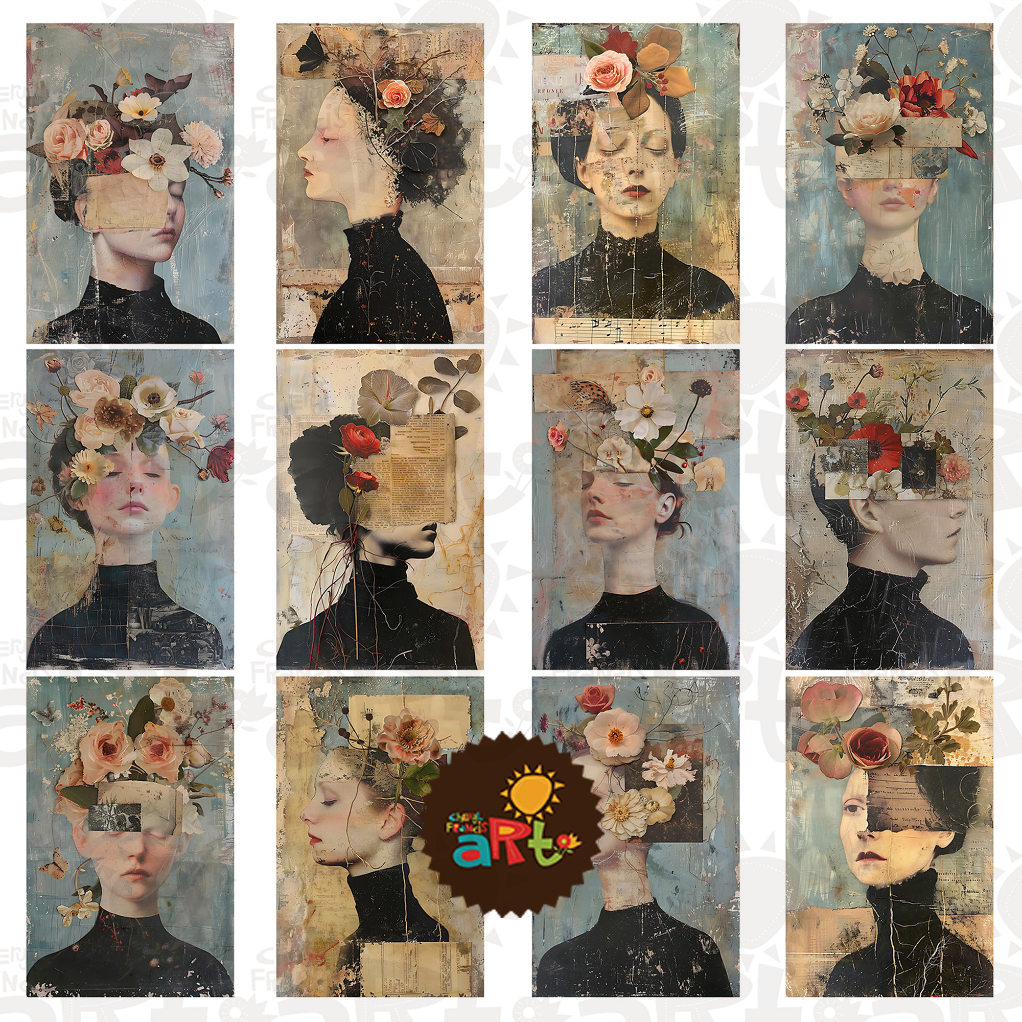 24 pc Living Nature Lady Portrait Scrappy Collage Printable Junk ...