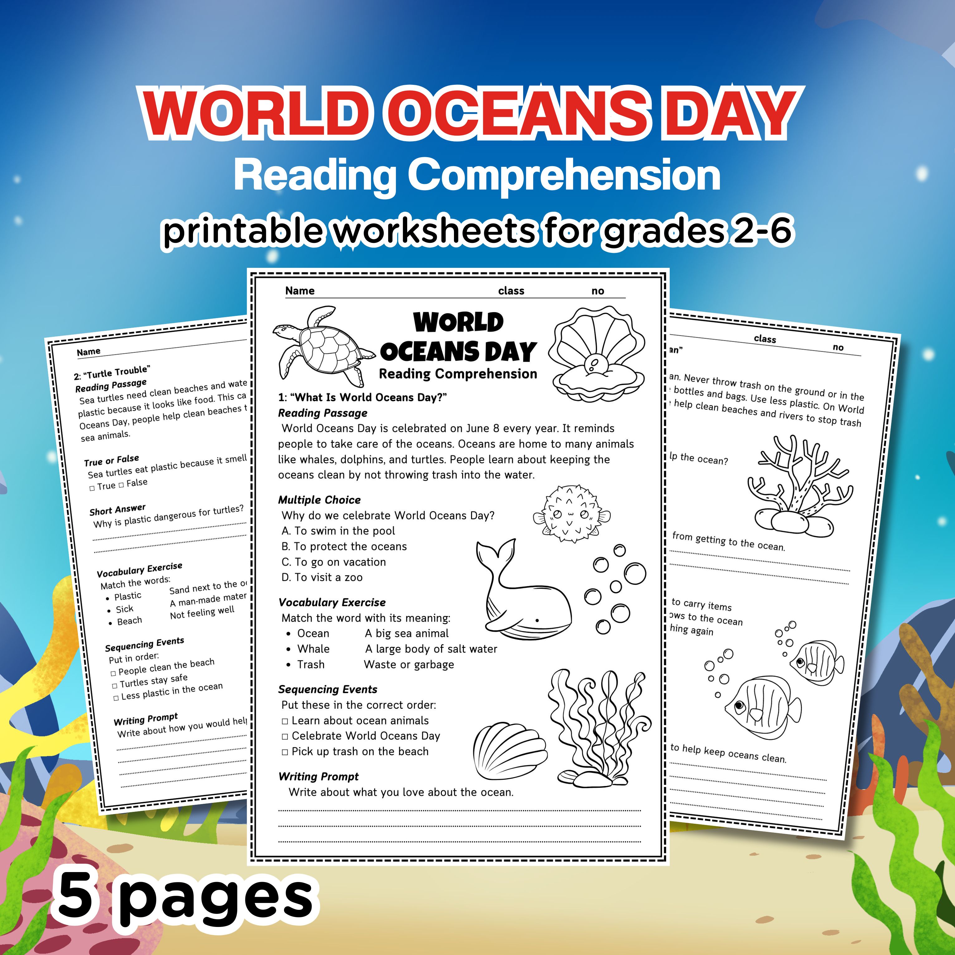 World Oceans Day Reading Comprehension Worksheets for Grades 2-6 ...
