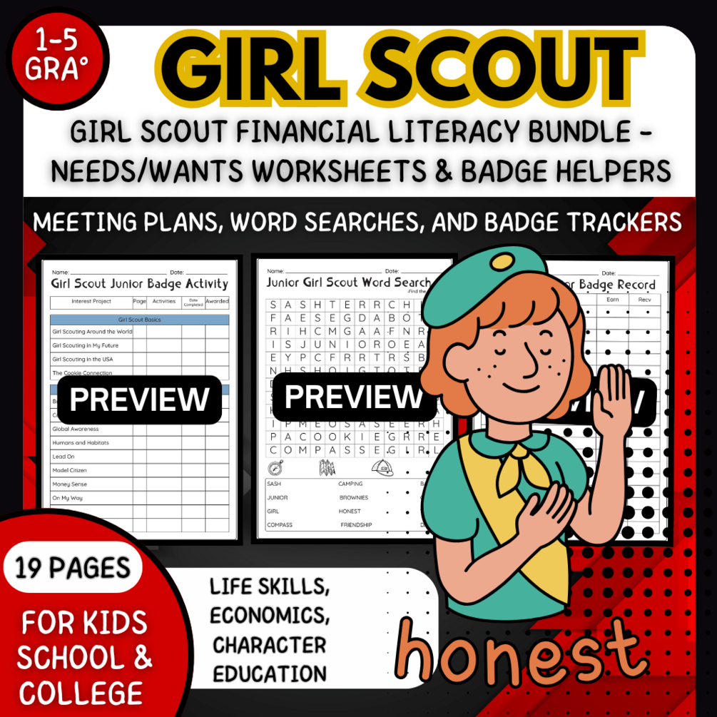 Girl Scout Financial Literacy Bundle - Needs/Wants Worksheets & Badge ...