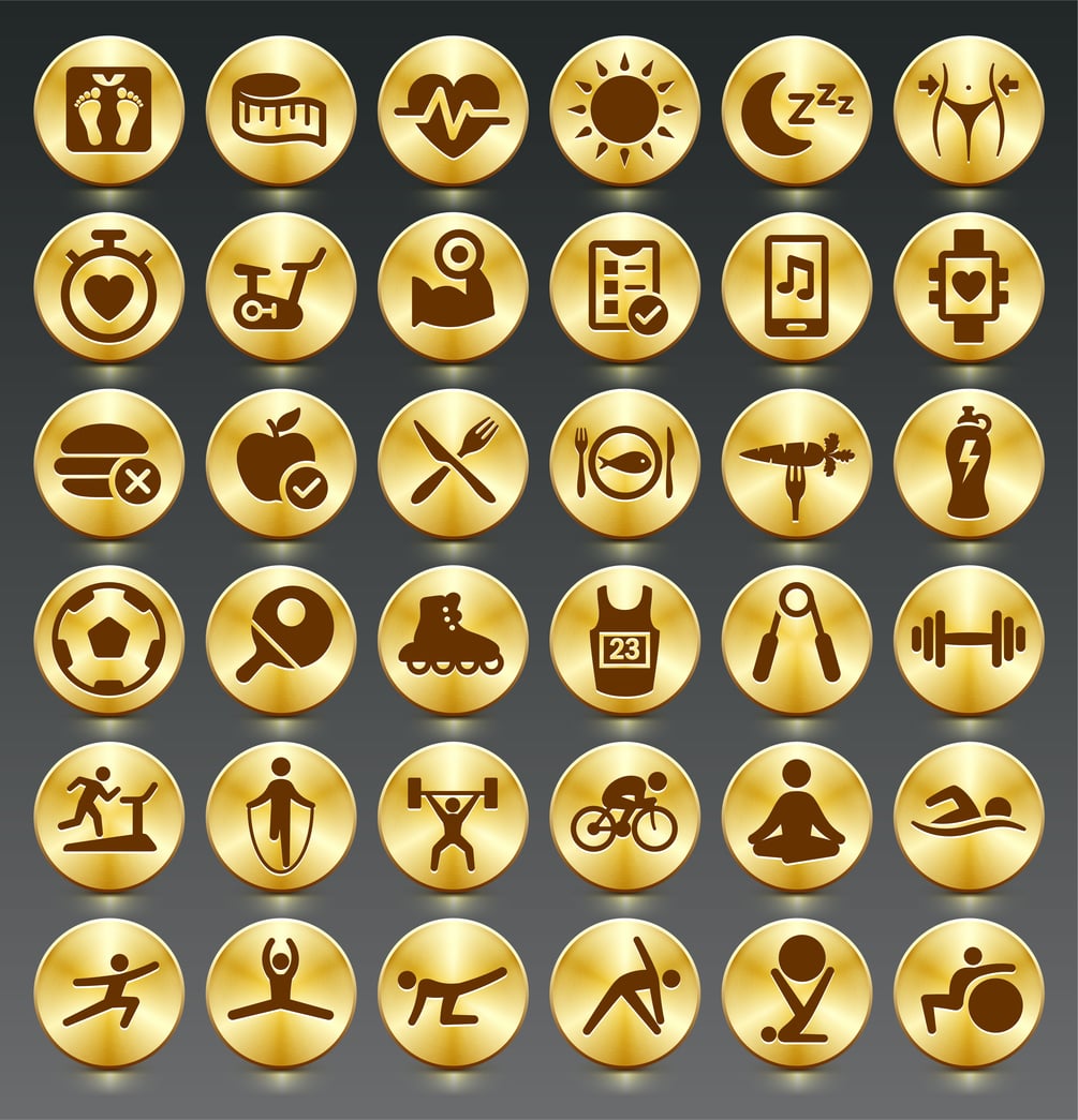 Set of 36 Vector Fitness and Diet Icons on Gold Buttons.