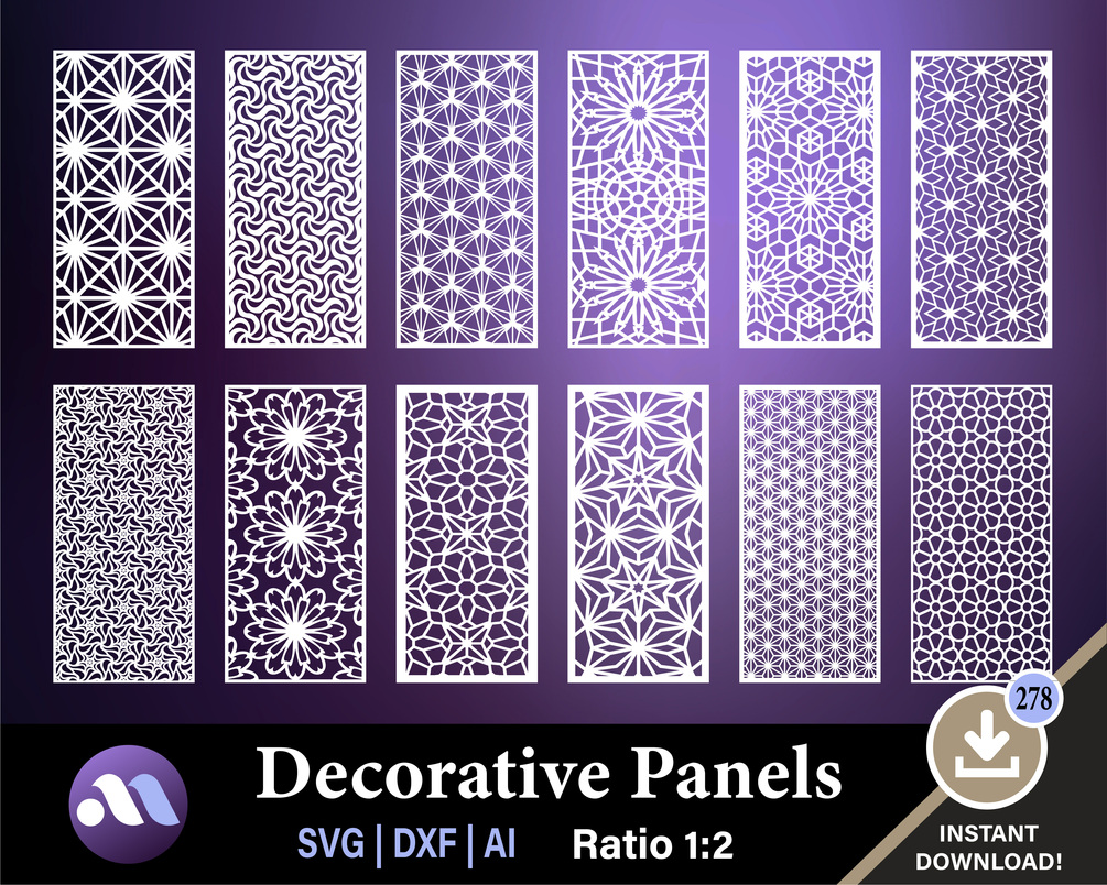 Geometric Patterns Panel Templates. Set of 12 vector for laser and ...
