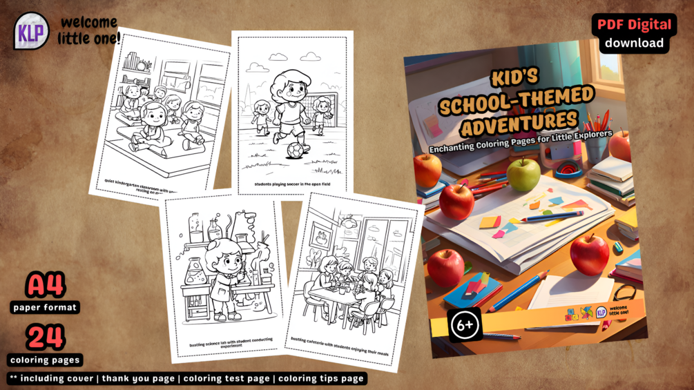 Kid's School-Themed Coloring Pages, Printable Digital PDF, Simple Line ...