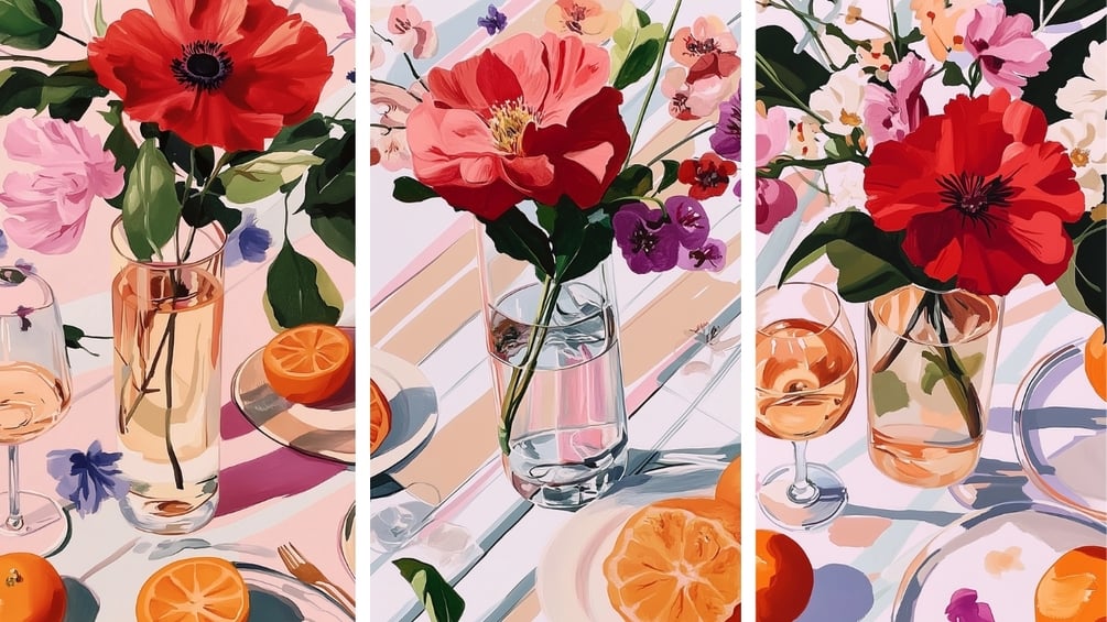 Modern Gouache Still Life with Red Flower and Oranges