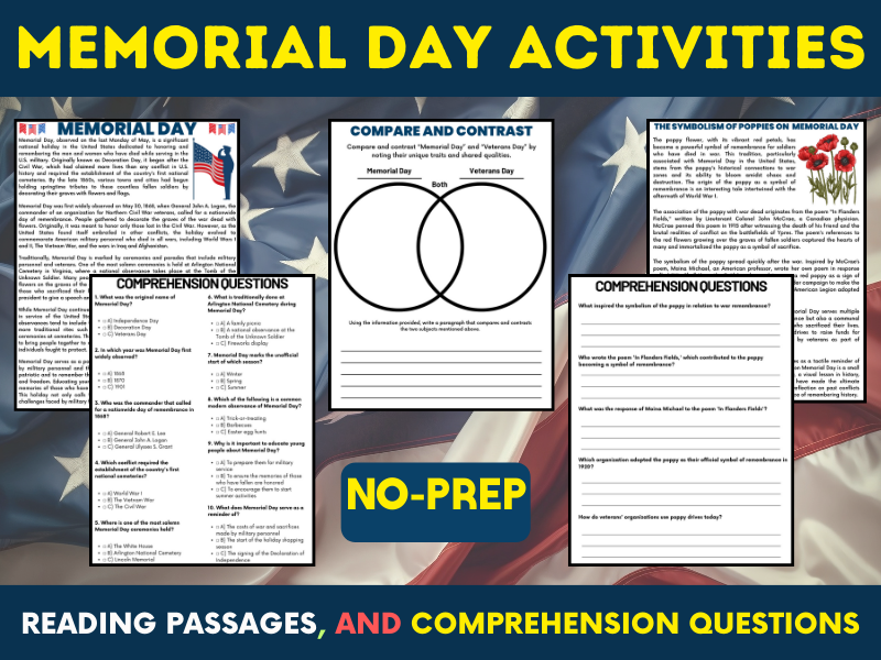 Memorial Day Reading and Activities Puzzles for middle and high school ...
