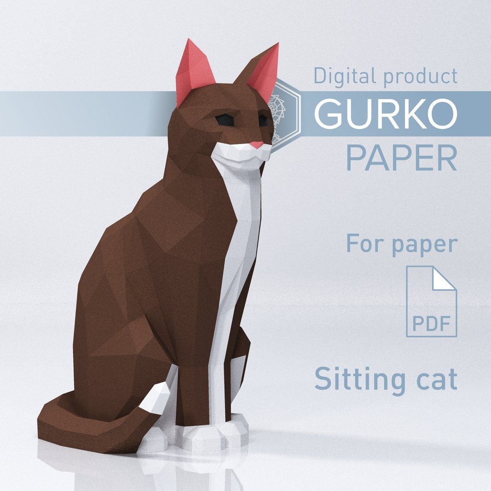Sitting Cat Papercraft, Digital Template, PDF Download, Gurko, 3D Low ...