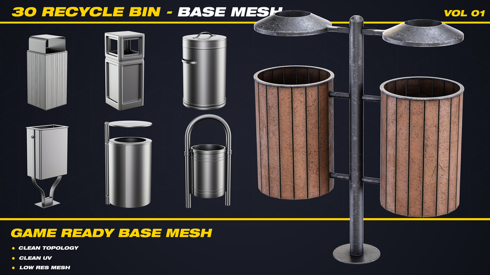 30 Recycle Bin Base Mesh - VOL 01 ( Game Ready )