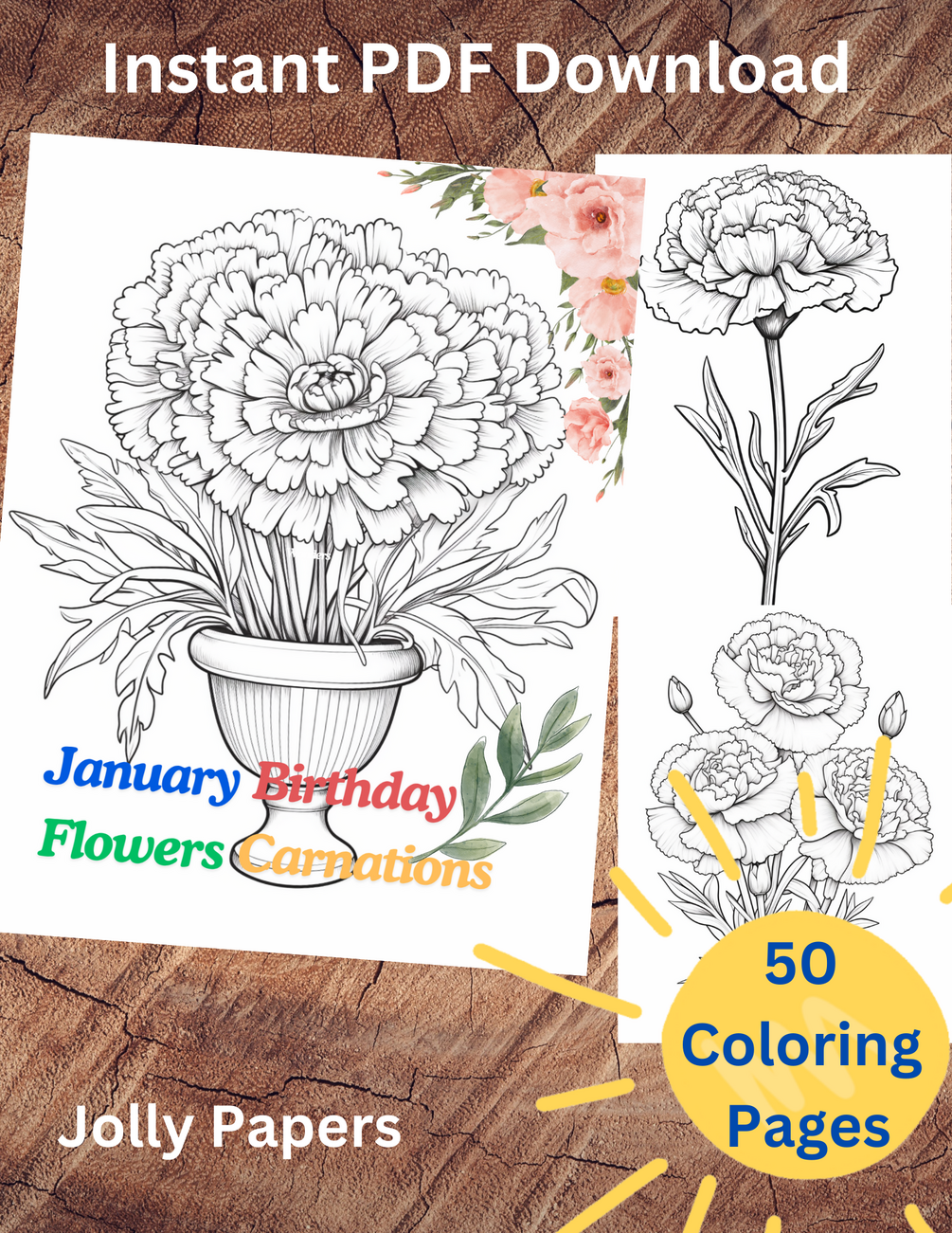 January Birthday Flowers Carnation 50 pages coloring book, Coloring ...