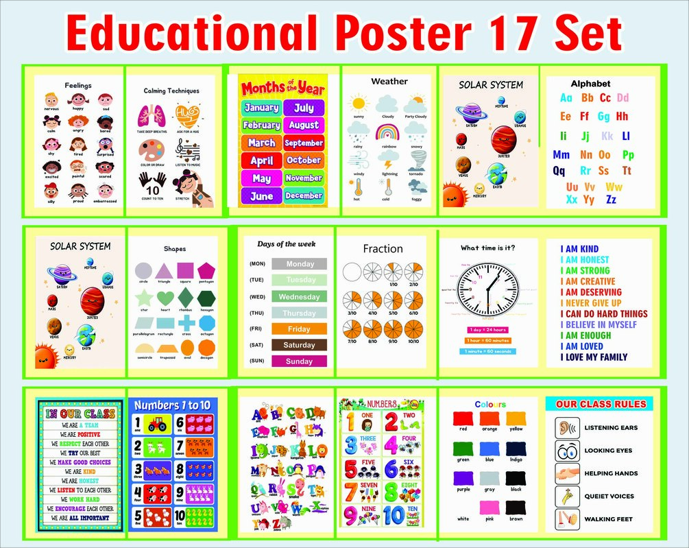 Set of 17, educational prints, classroom posters, home school learning ...