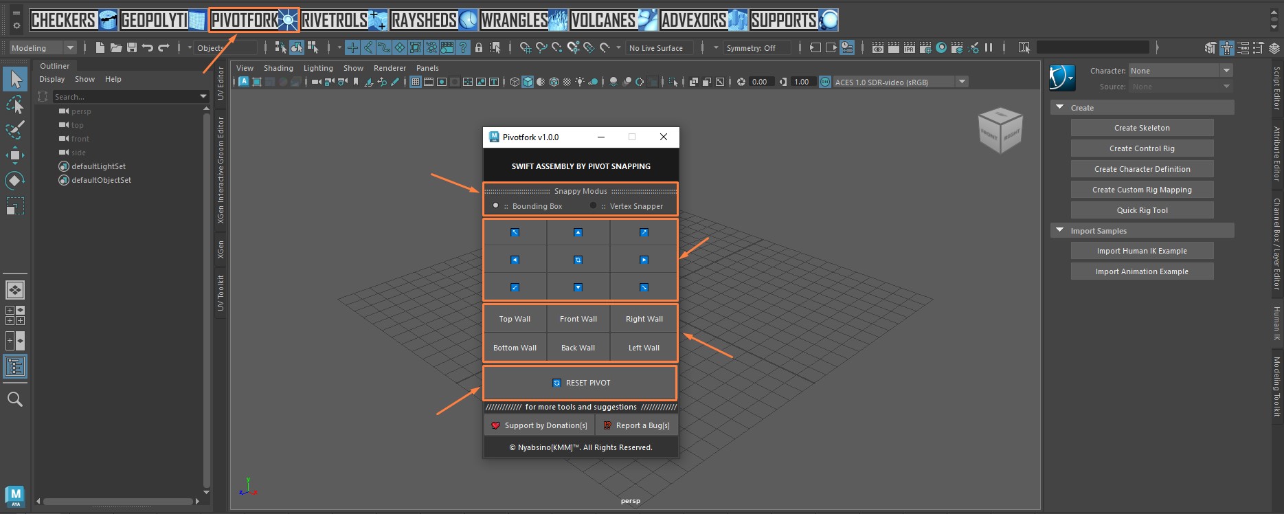 Pivotfork—Swift Assembly by Pivot Snapping / Robust Gizmo Positioning tool for Autodesk Maya